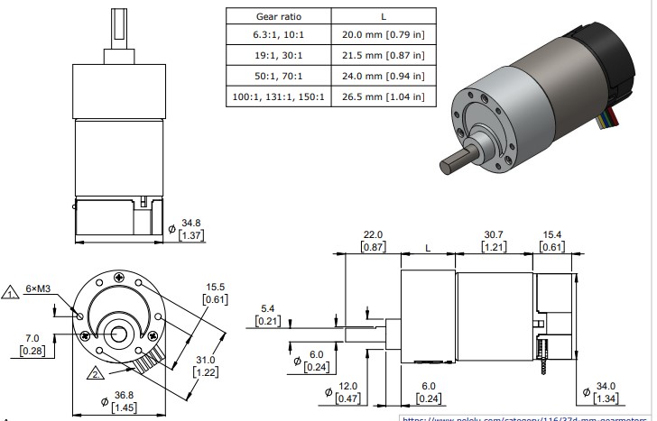 Pololu 100:1 Metal Redüktörlü Motor 37Dx73L 12V, 64 CPR Enkoderli PL-4755 - Robot Sepeti